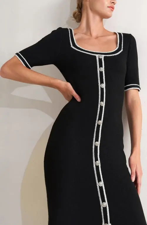 FREEMARKET Knit Midi Dress With Contrast Trim And Decorative Buttons
