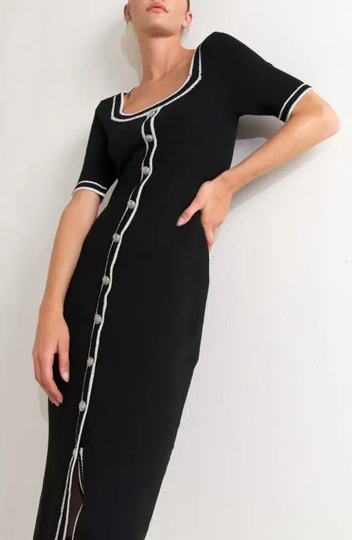 FREEMARKET Knit Midi Dress With Contrast Trim And Decorative Buttons