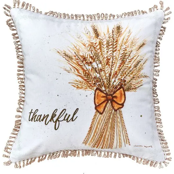 C&F HOME Thankful" Wheat Bundle W/ Bow Cotton Blend Embroidered Accent Throw Pillow 18" X 18 - Brown