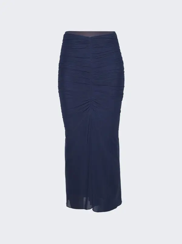 MUGLER Ruched Mesh Midi Skirt - Blue