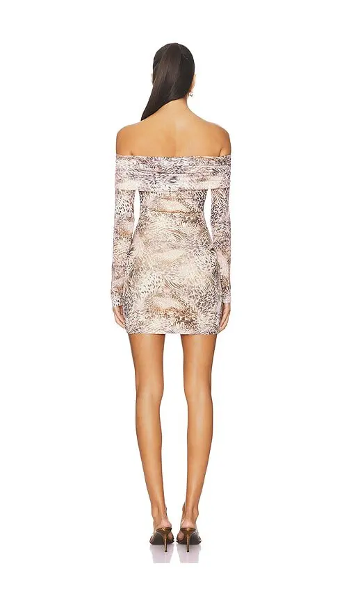Superdown Off-the-shoulder Printed Mini Dress With Long Sleeves