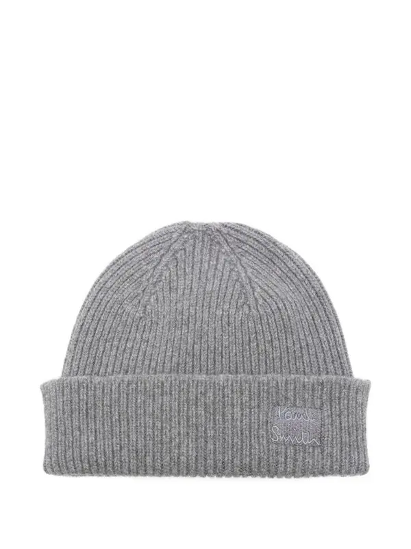 Paul Smith Ribbed Wool And Cashmere Beanie With Logo - Grey