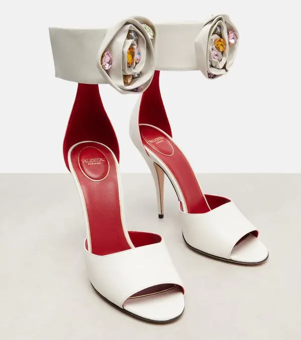 Valentino Garavani Drip Rose Embellished Leather Sandals - White