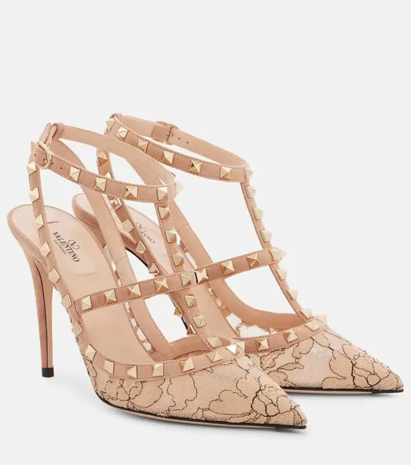 Valentino Garavani Rockstud 100 Lace And Leather Pumps - Multicoloured