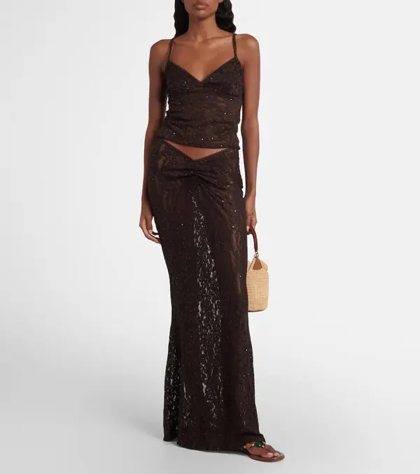 BANANHOT Daisy Floral Lace Maxi Skirt - Brown