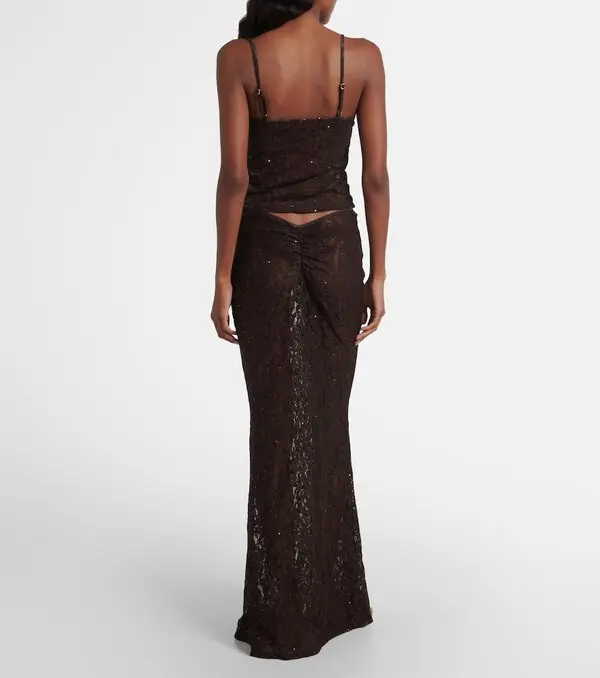BANANHOT Daisy Floral Lace Maxi Skirt - Brown