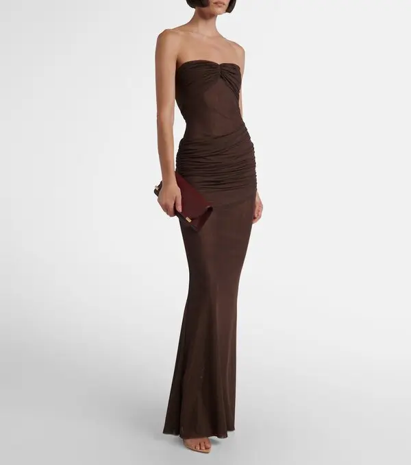 BANANHOT Erica Ruched Strapless Maxi Dress - Brown