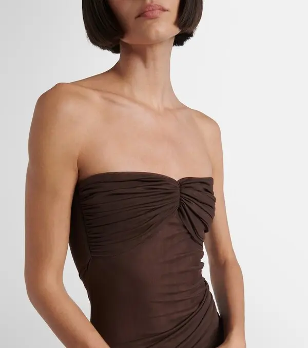 BANANHOT Erica Ruched Strapless Maxi Dress - Brown