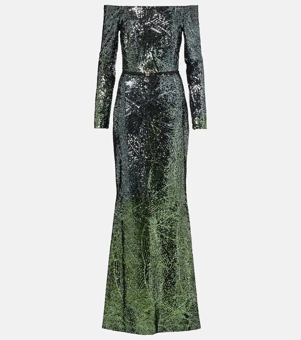 Elie Saab Ombré Sequined Silk-blend Gown - Green