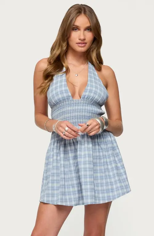 EDIKTED Plaid Smocked Halter Minidress