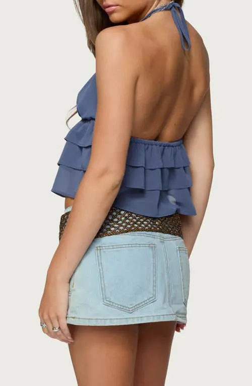 EDIKTED Tiered Ruffle Halter Top - Blue