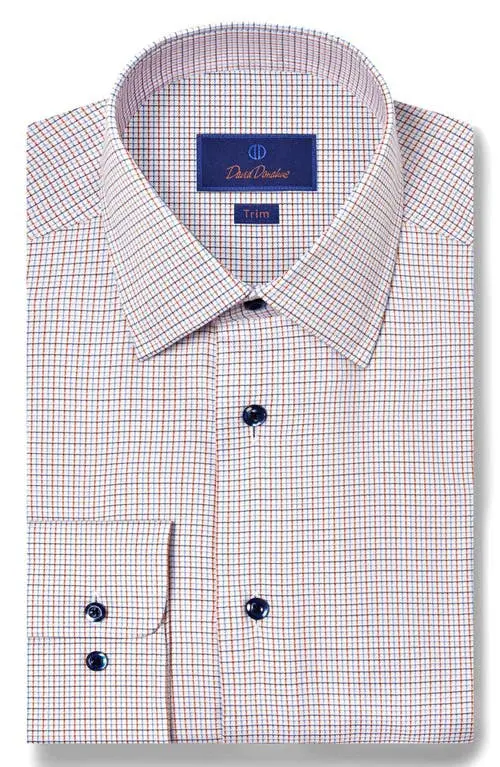 David Donahue Trim Fit Micro Dobby Check Dress Shirt - Blue/orange