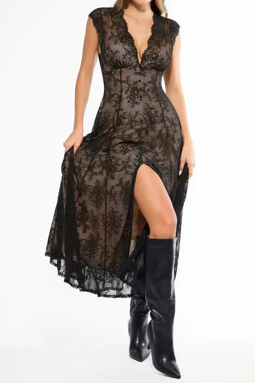 POPILUSH Floral Lace V Neck Maxi Dress With Shapewear - Black