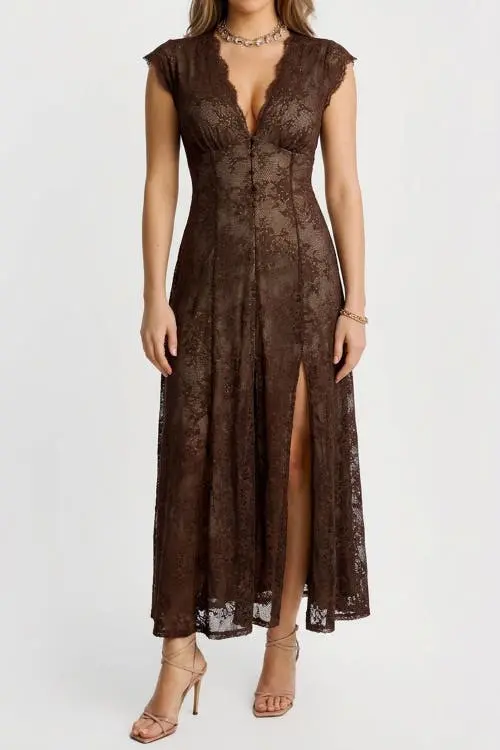 POPILUSH Floral Lace V Neck Maxi Dress With Shapewear - Camel