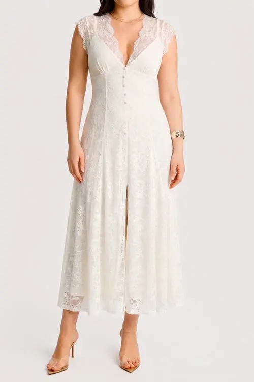 POPILUSH Floral Lace V Neck Maxi Dress With Shapewear - Chalk