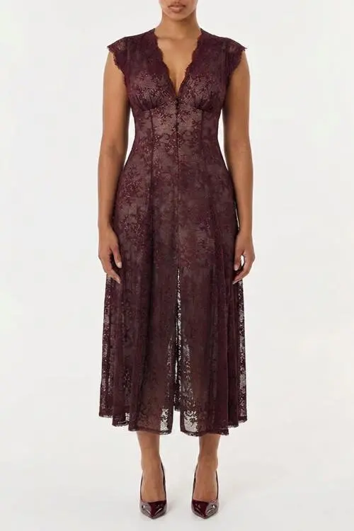 POPILUSH Floral Lace V Neck Maxi Dress With Shapewear - Ruby