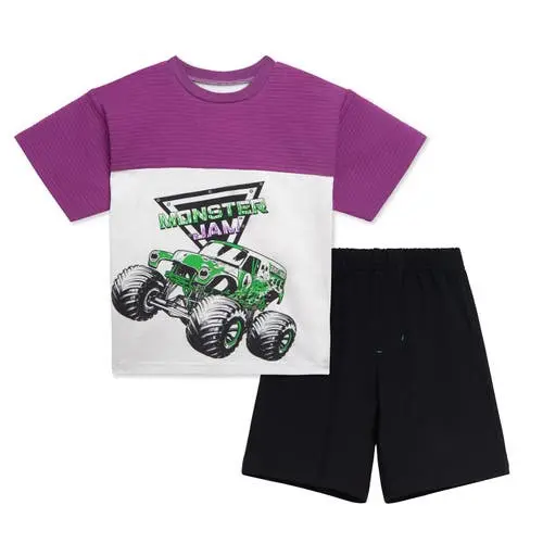 MONSTER JAM Grave Digger T-shirt & Mesh Shorts Set - Purple/gray/black