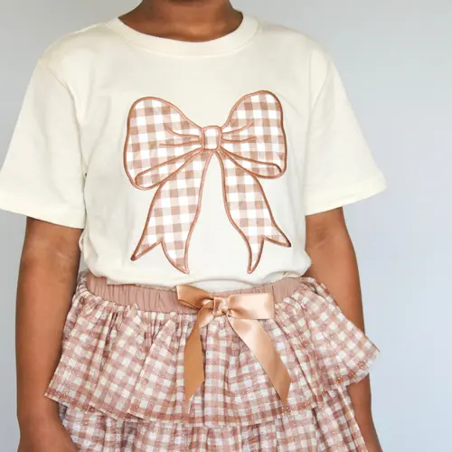 SWEET WINK Gingham Bow Patch Short Sleeve T-shirt