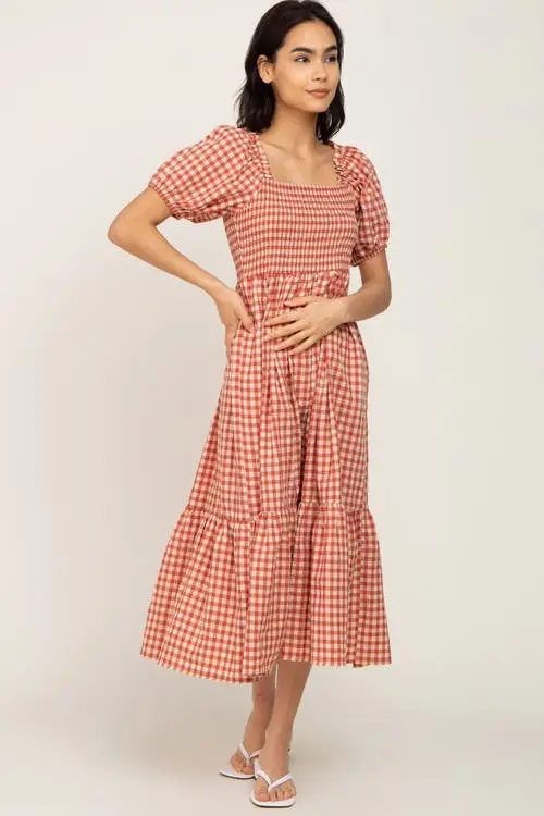 PINKBLUSH Gingham Smocked Midi Dress - Rust