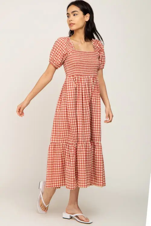 PINKBLUSH Gingham Smocked Midi Dress - Rust