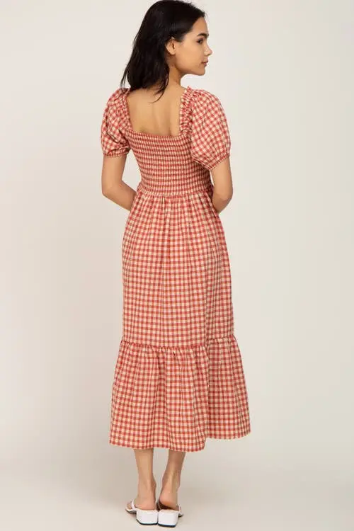 PINKBLUSH Gingham Smocked Midi Dress - Rust