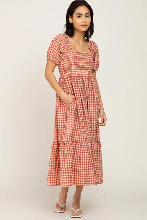 PINKBLUSH Gingham Smocked Midi Dress - Rust