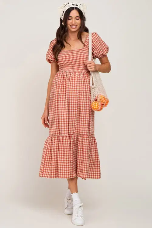 PINKBLUSH Gingham Smocked Midi Dress - Rust