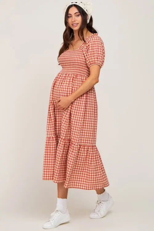PINKBLUSH Gingham Smocked Midi Dress - Rust