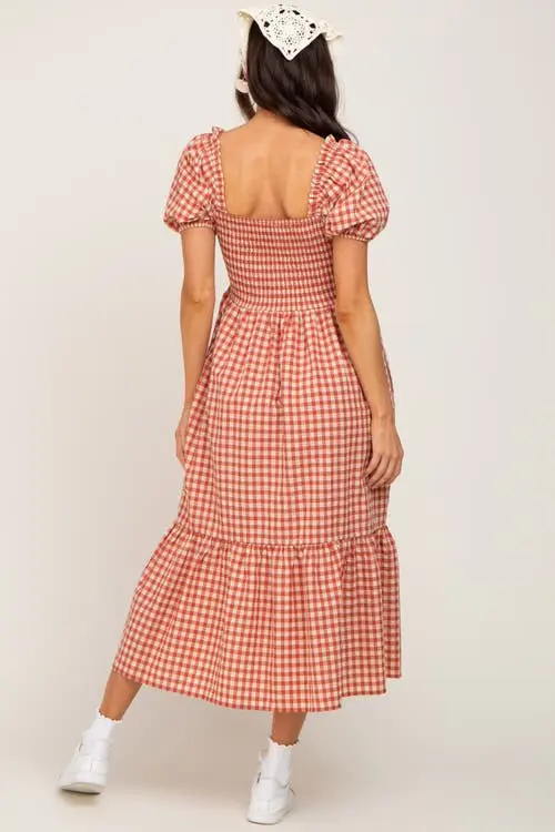 PINKBLUSH Gingham Smocked Midi Dress - Rust