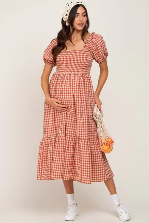 PINKBLUSH Gingham Smocked Midi Dress - Rust