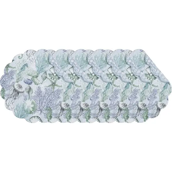 C&F HOME Shoreline Waters Scalloped Round Placemats Set Of 6 Nautical Design Coral - Blue