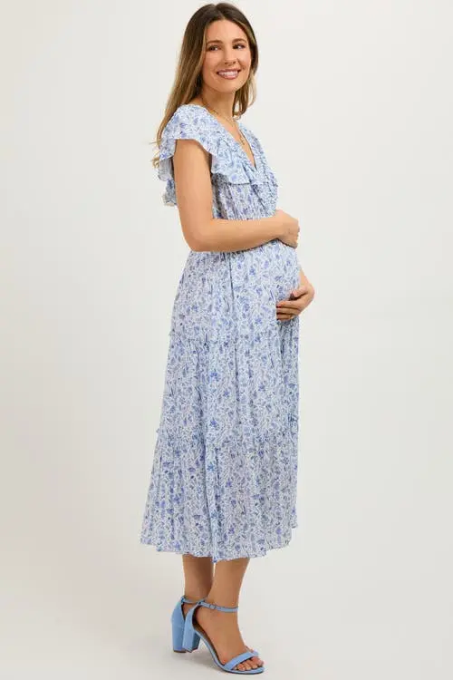 PINKBLUSH Floral Front Ruched Ruffle Shoulder Tiered Midi Dress