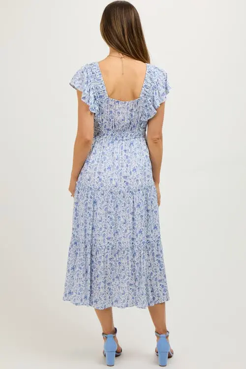 PINKBLUSH Floral Front Ruched Ruffle Shoulder Tiered Midi Dress