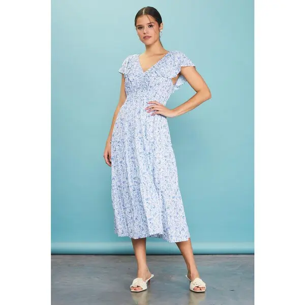 PINKBLUSH Floral Front Ruched Ruffle Shoulder Tiered Midi Dress - Blue