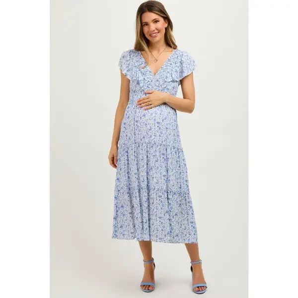 PINKBLUSH Floral Front Ruched Ruffle Shoulder Tiered Midi Dress - Blue