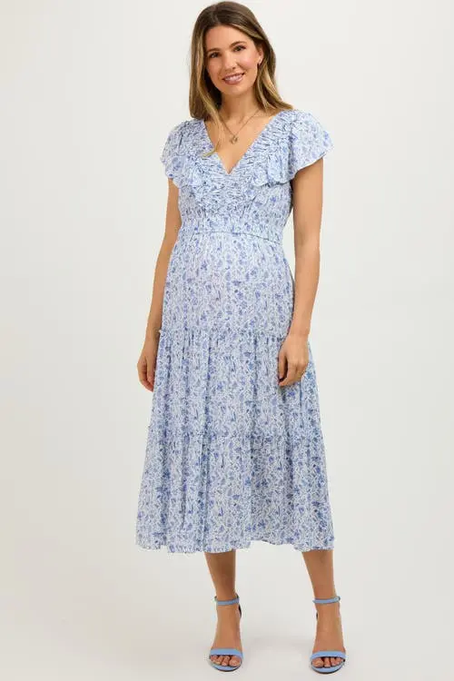 PINKBLUSH Floral Front Ruched Ruffle Shoulder Tiered Midi Dress