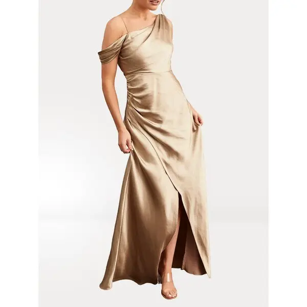 SIX STORIES Asymmetric Bardot Satin Dress - Champange