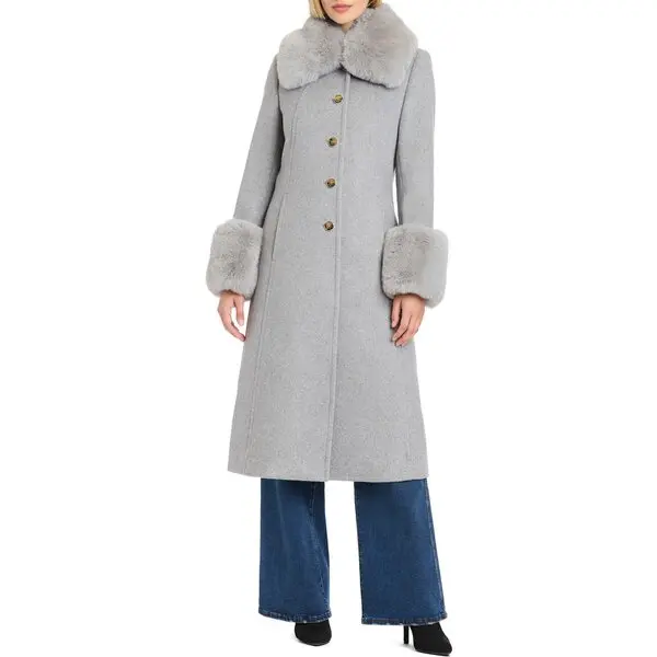 Vince Camuto Single Breasted Coat With Faux Fur Collar And Cuffs - Grey