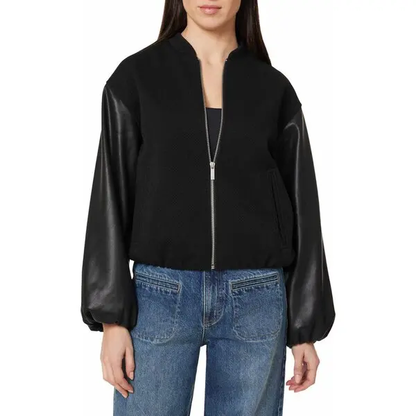Habitual Faux Leather Sleeve Bomber - Black