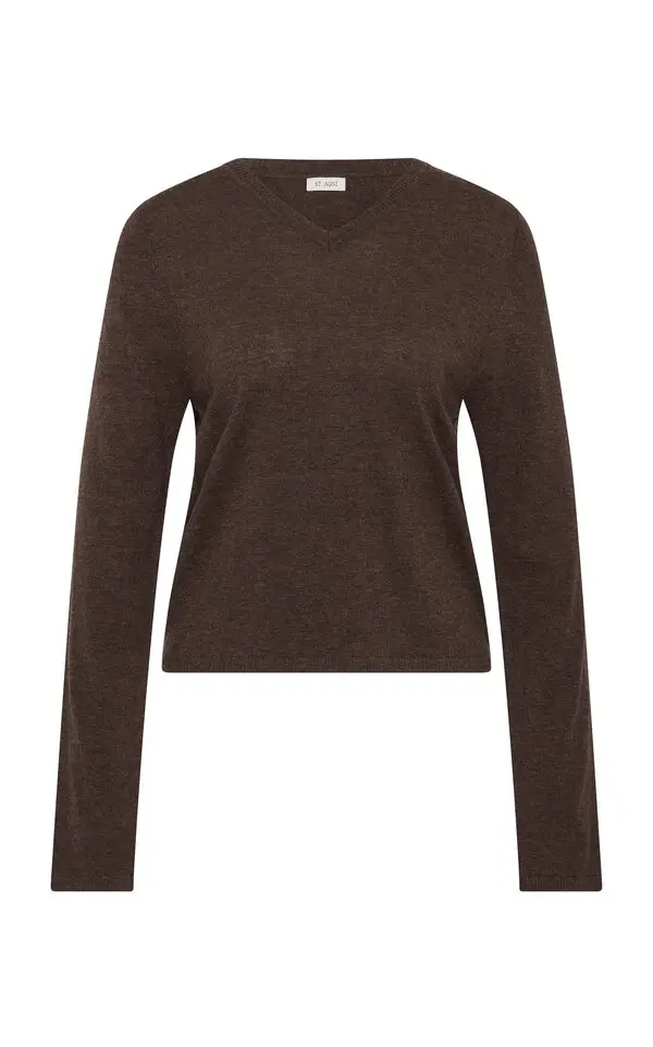 ST. AGNI V-neck Long Sleeve Wool Sweater - Brown