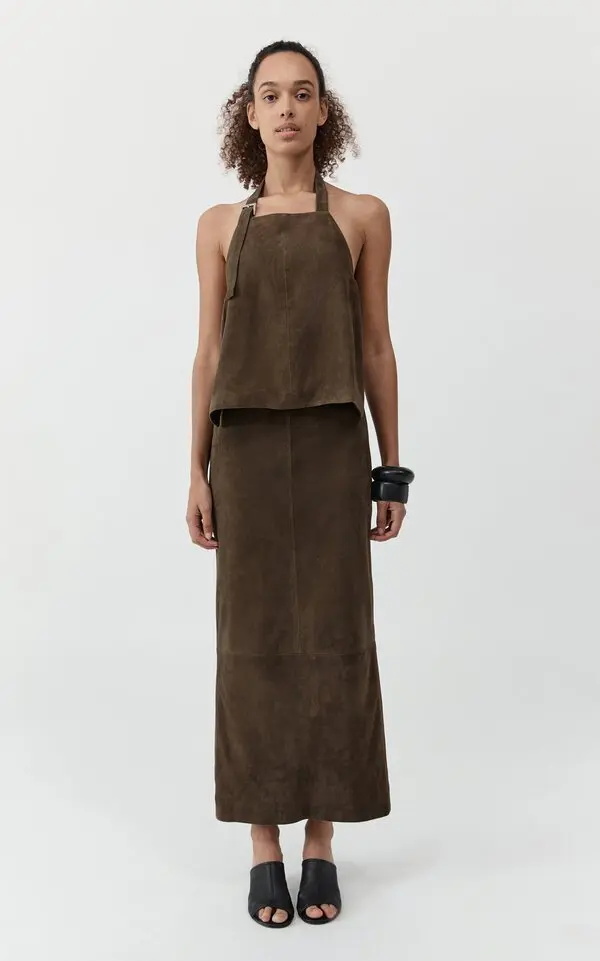 ST. AGNI Low-rise Suede Maxi Skirt - Khaki