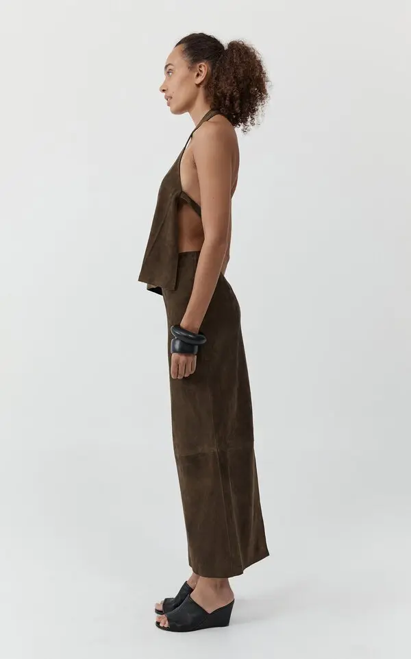 ST. AGNI Low-rise Suede Maxi Skirt - Khaki