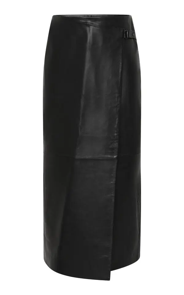 ST. AGNI Wrap-front Leather Midi Skirt - Black