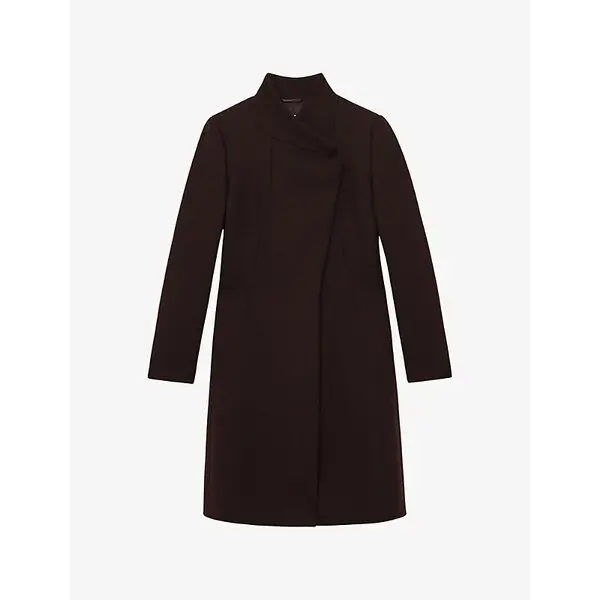 REISS Wrap-over Wool-blend Coat - Chocolate Brown