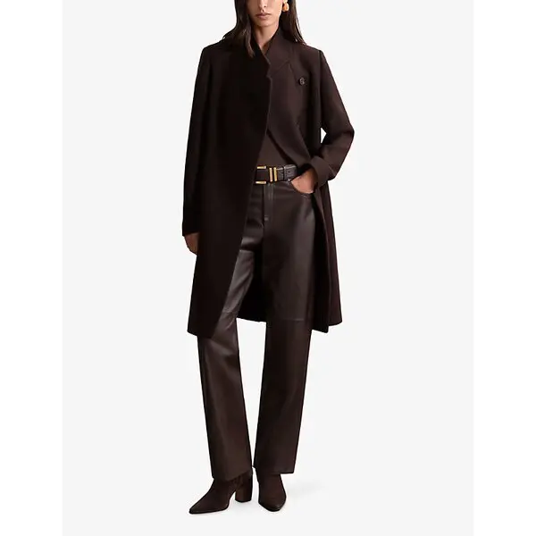 REISS Wrap-over Wool-blend Coat - Chocolate Brown