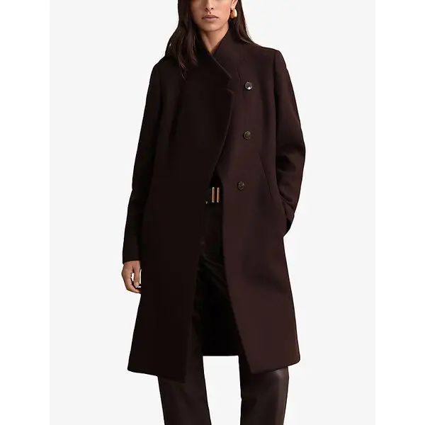 REISS Wrap-over Wool-blend Coat - Chocolate Brown