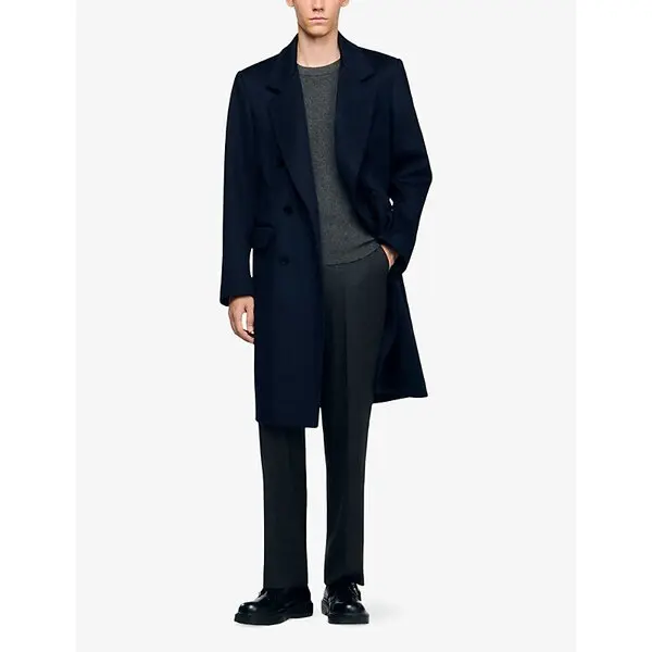 Sandro Regular-fit Wool And Cashmere-blend Coat - Navy Blue