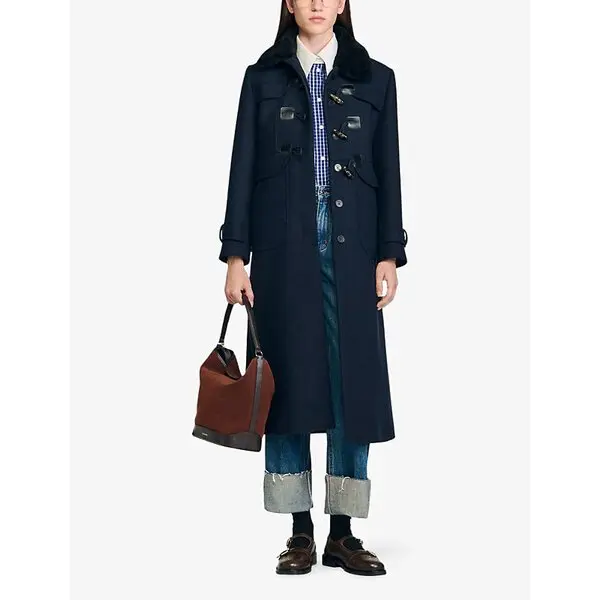 Sandro Wool-blend Coat With Detachable Shearling Collar