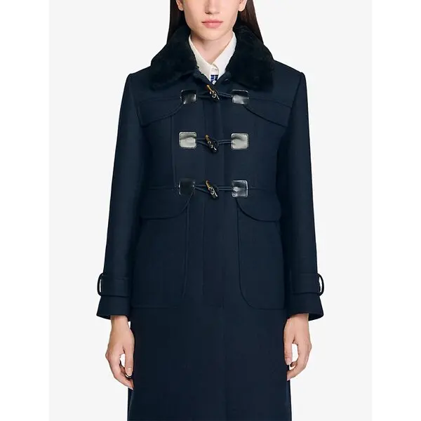 Sandro Wool-blend Coat With Detachable Shearling Collar