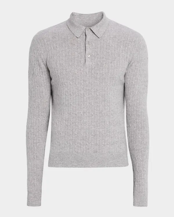 Neiman Marcus Classic Micro Cable-knit Long-sleeve Polo - Pearl Grey